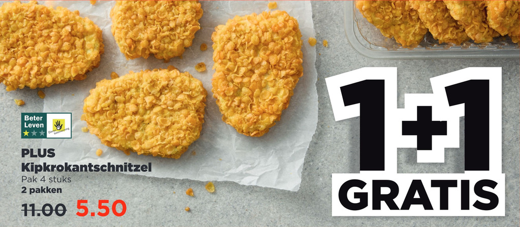 PLUS Kipkrokantschnitzel 1+1 gratis aanbieding bij PLUS