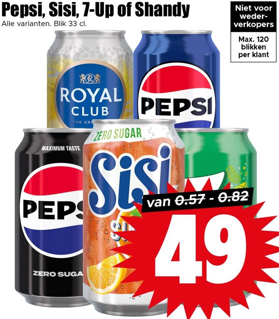 Pepsi, Sisi, 7-Up of Shandy 33 cl aanbieding bij Dirk