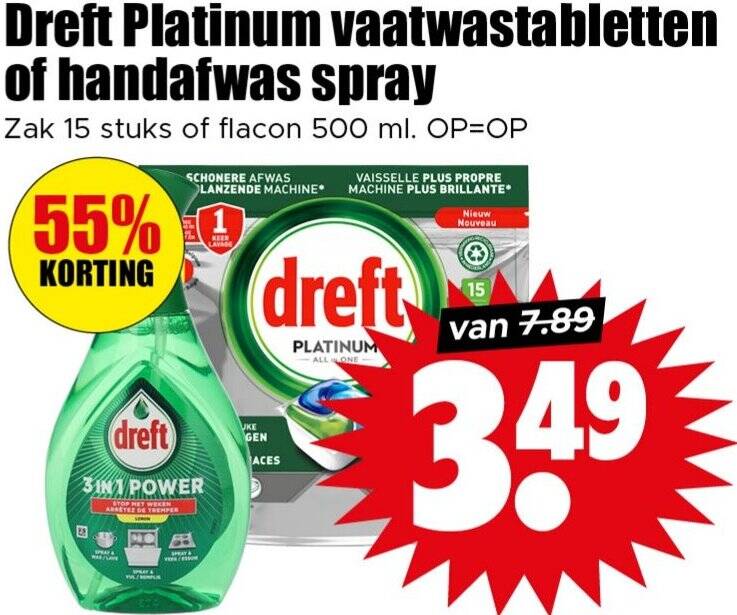 Dreft Platinum vaatwastabletten of handafwas spray 500 ml aanbieding ...