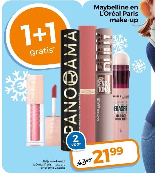 Maybelline en L'Oréal Paris make up 1+1 gratis aanbieding bij Trekpleister