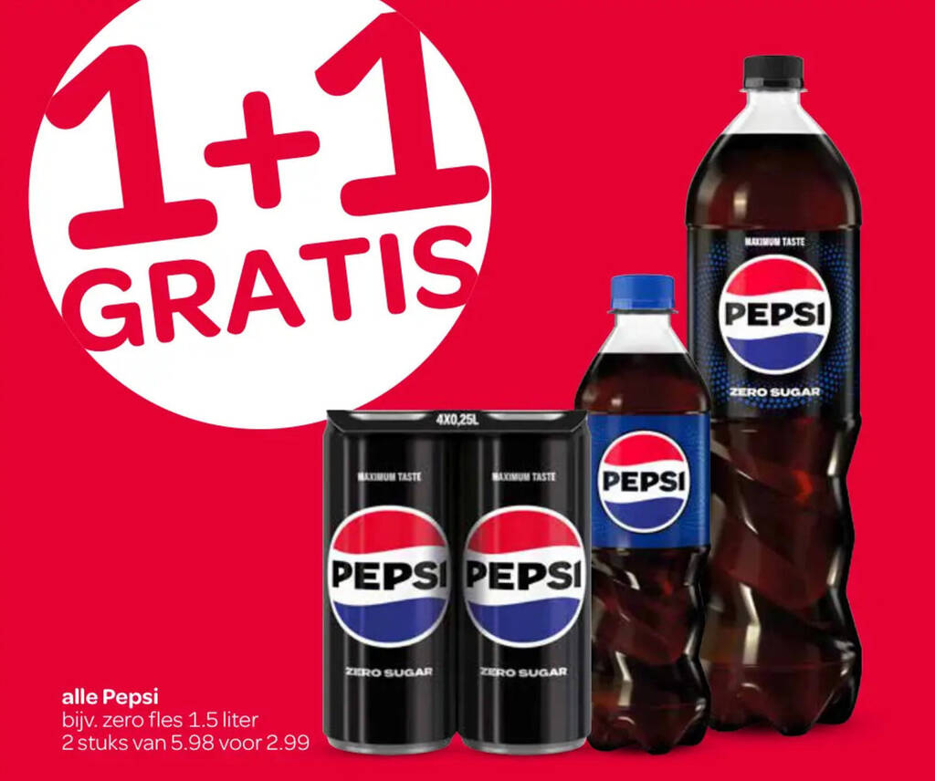 Alle pepsi 1.5 liter 1+1 gratis aanbieding bij Spar
