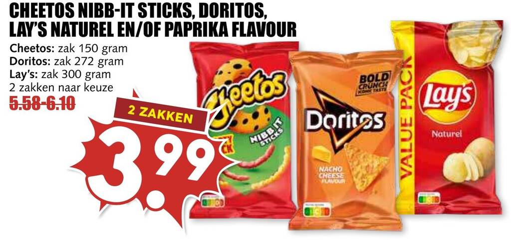 Cheetos nibb-it sticks, doritos, lay's naturel en/of paprika flavour ...