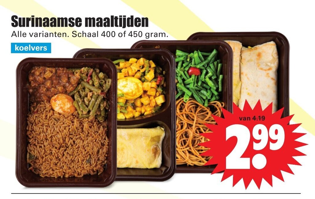 Surinaamse maaltijden alle varianten. schaal 400 of 450 gram aanbieding ...