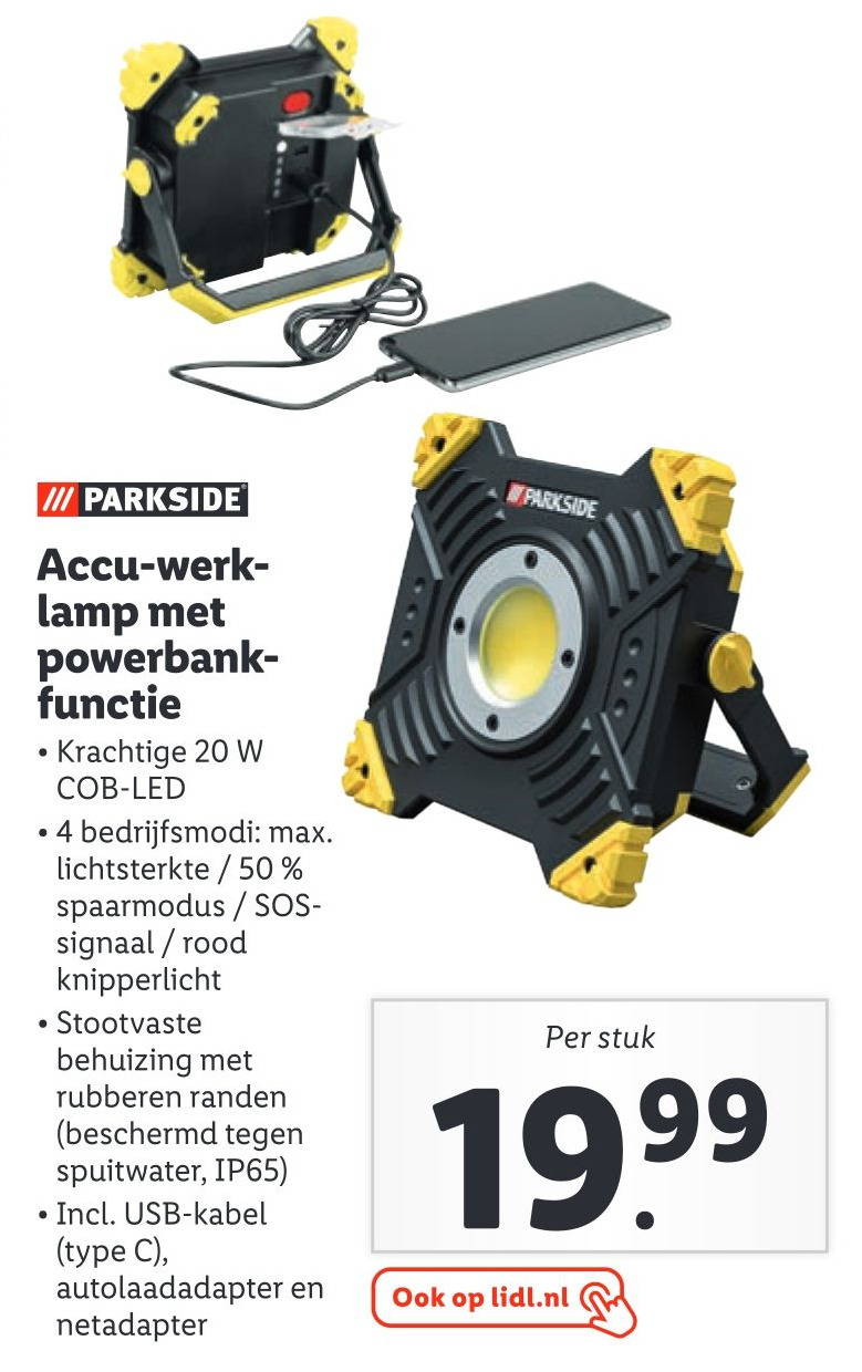 Parkside Accu-werklamp met powerbank- functie aanbieding bij Lidl