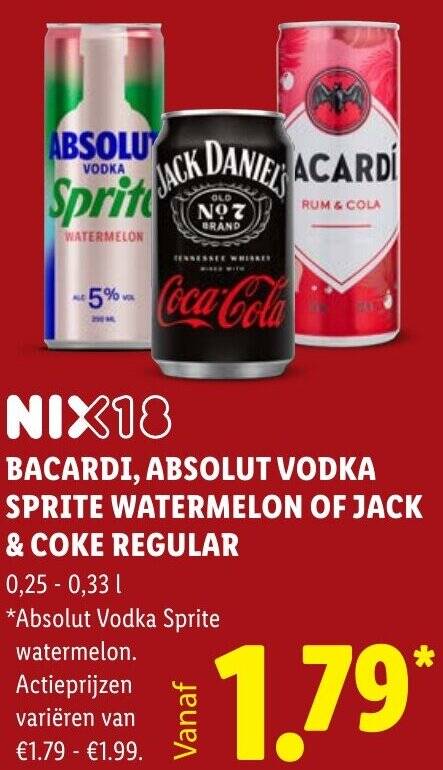 Bacardi, Absolut vodka Sprite watermelon of Jack & Coke regular 0.25-0. ...