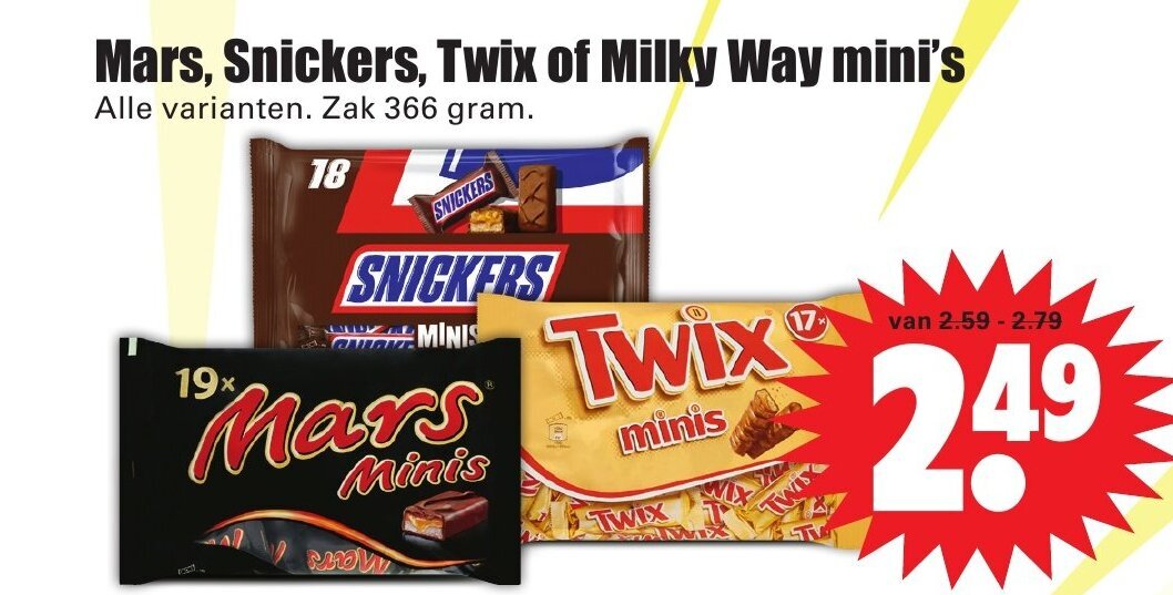 Mars, snickers, twix of milky way mini's 366g aanbieding bij Dirk
