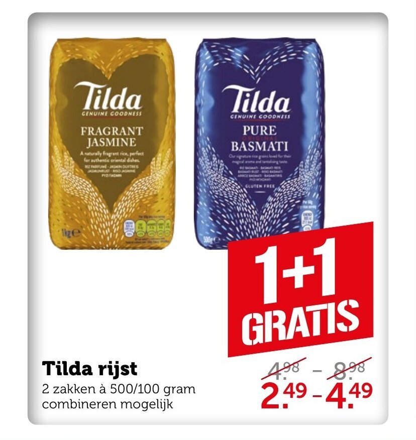 Tilda rijst 2 zakken a 500 / 100 gram combineren mogelijk 1+1 Gratis ...