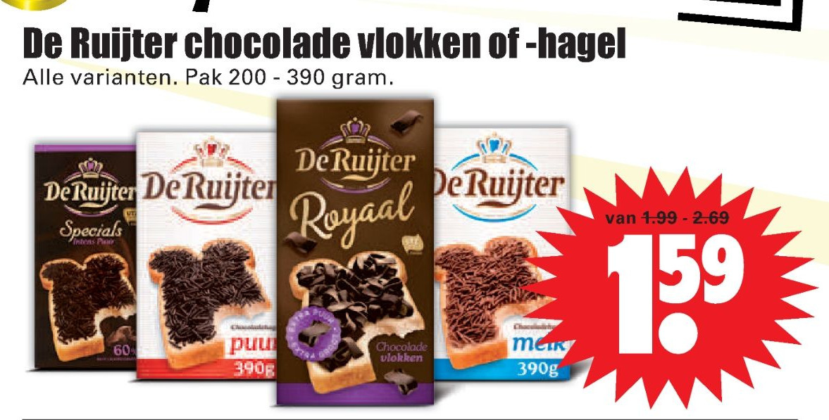 De Ruijter chocolade vlokken of-hagel aanbieding bij Dirk