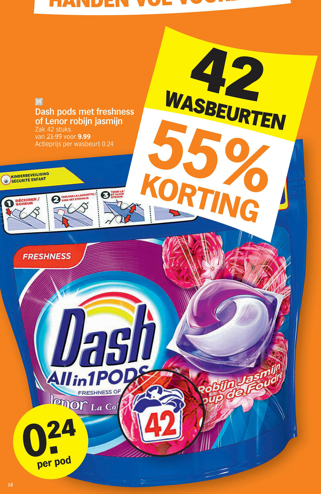Dash pods met freshness of Lenor robijn jasmijn zak 42 stuks aanbieding ...