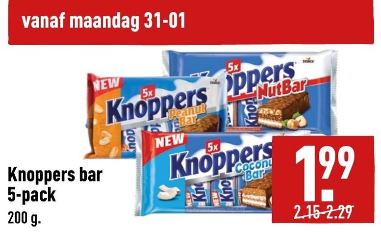 Knoppers bar 5-pack 200g aanbieding bij ALDI