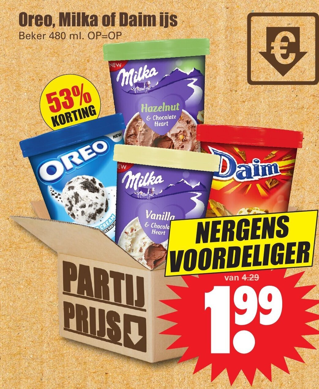Oreo, milka of daim ijs 480ml aanbieding bij Dirk