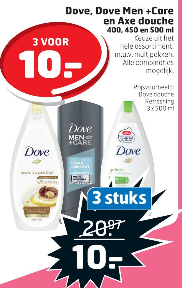 Dove, Dove Men +Care en Axe douche 400, 450 en 500 ml aanbieding bij ...