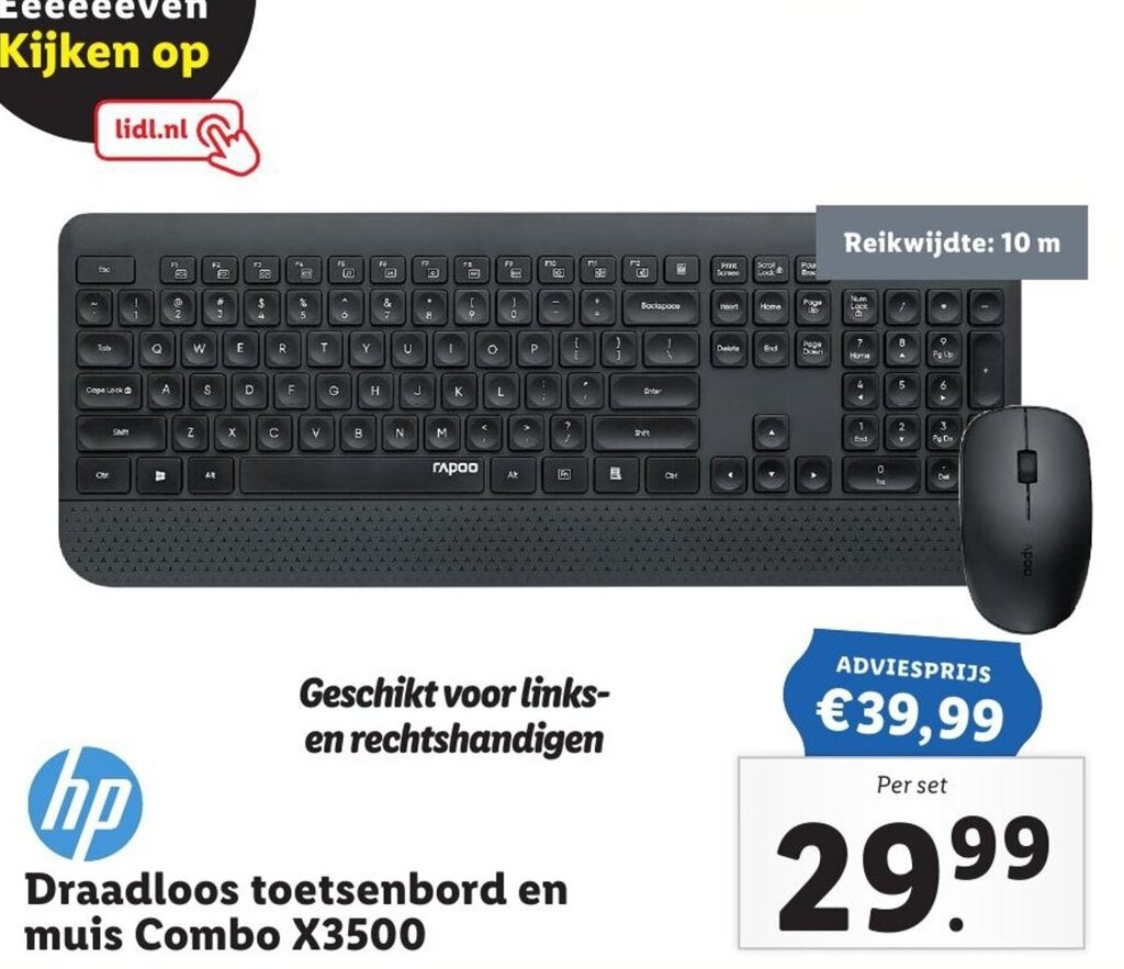 Hp Draadloos toetsenbord en muis combo X3500 aanbieding bij Lidl