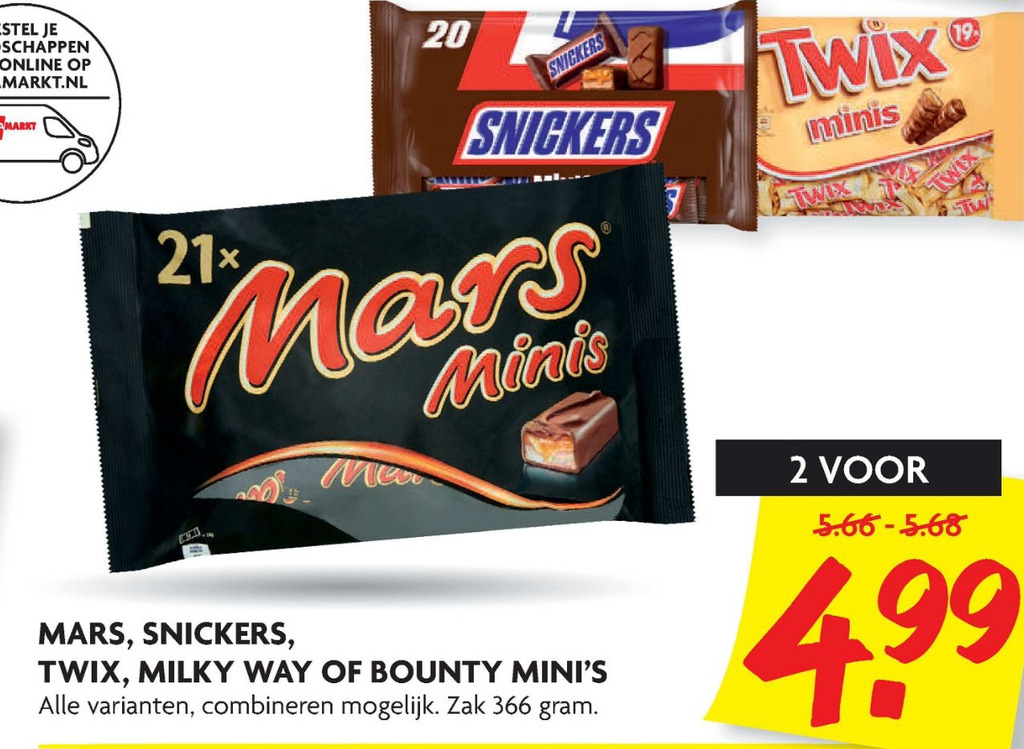 Mars, Snickers, Twix, Milky Way Of Bounty Mini's 366g aanbieding bij ...