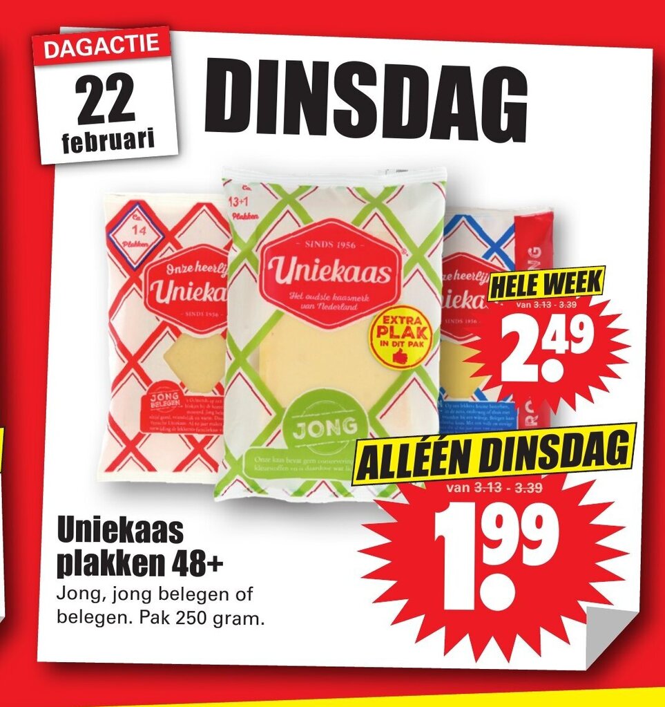 Uniekaas plakken 48+ pak 250 gram aanbieding bij Dirk
