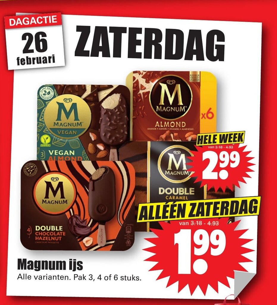 Magnum ijs alle varianten pak 3, 4 of 6 stuks aanbieding bij Dirk