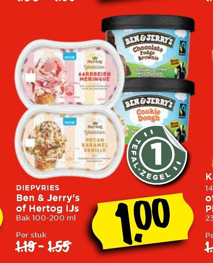 Ben & Jerry's of Hertog IJs bak 100-200 ml per stuk aanbieding bij Vomar