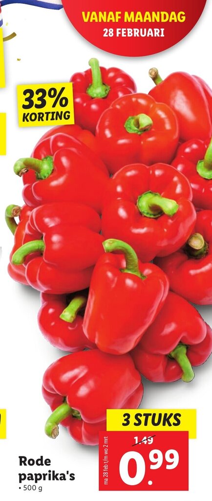 Rode paprika's 500 g 3 stuks aanbieding bij Lidl