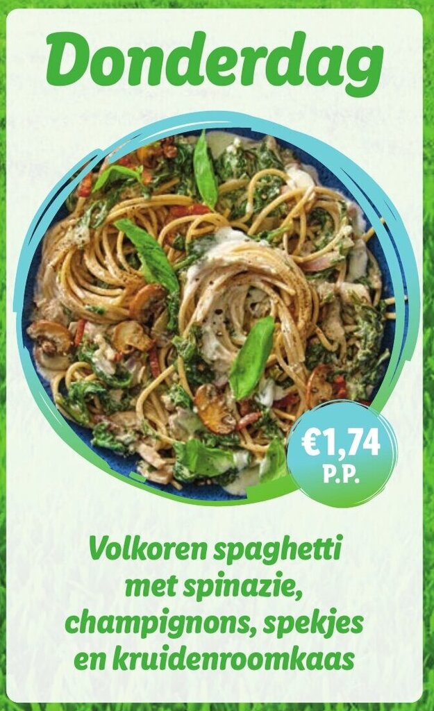 Volkoren spaghetti met spinazie, champignons, spekjes en kruidenroomkaas aanbieding bij Lidl