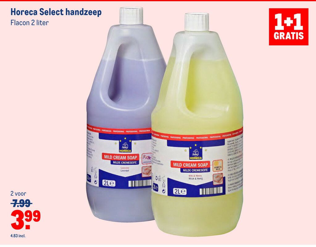 Horeca Select handzeep flacon 2 liter 1+1 Gratis aanbieding bij Makro