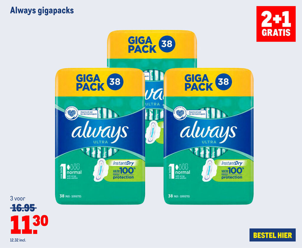 Always gigapacks 2+1 gratis aanbieding bij Makro