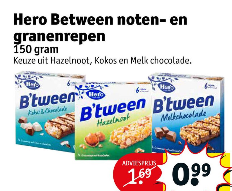 Hero Between noten- en granenrepen aanbieding bij Kruidvat