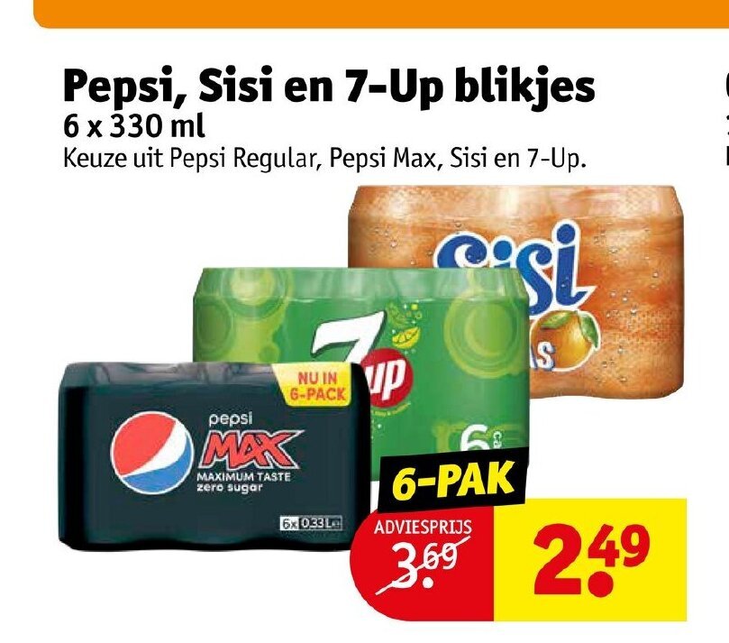 Pepsi, Sisi en 7-Up blikjes 6 x 330 ml aanbieding bij Kruidvat
