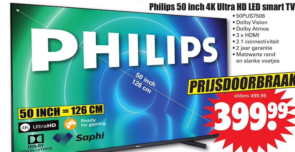 Philips 50 inch 4K Ultra HD LED smart TV 50PUS7506 aanbieding bij Dirk