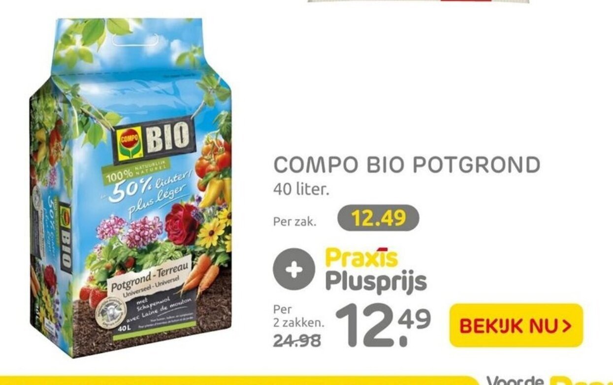 Compo Bio Potgrond 40 liter per 2 zakken aanbieding bij Praxis