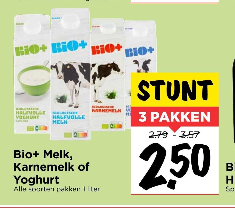 Bio+ Melk Karnemelk of Yoghurt 1 liter 3 pakken aanbieding bij Vomar