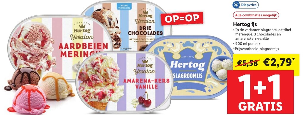 Hertog ijs 900 ml 1+1 Gratis aanbieding bij Lidl