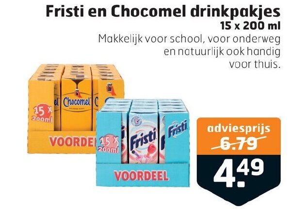 Fristi en chocomel drinkpakjes 15 x 200 ml aanbieding bij Trekpleister
