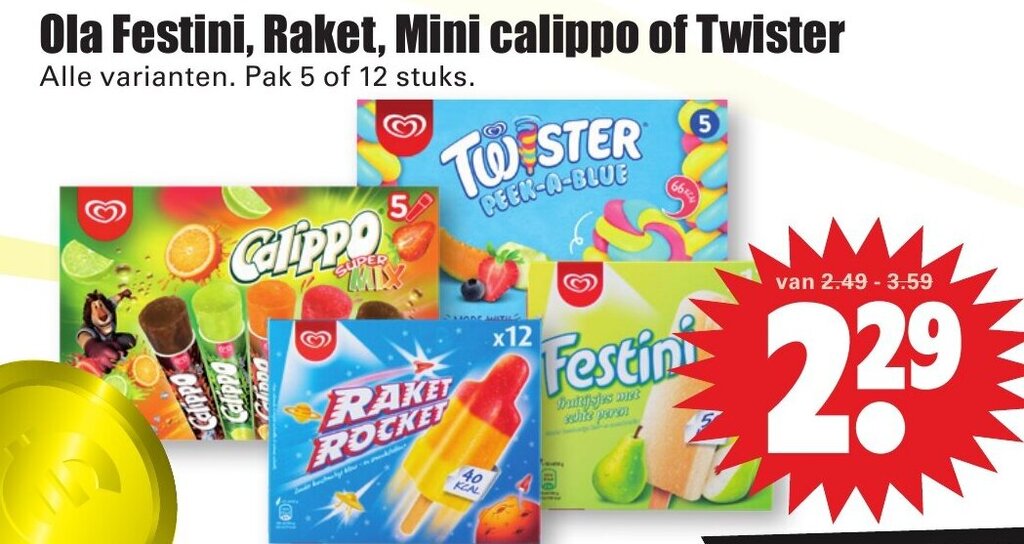Ola festini, raket, mini calippo of twister aanbieding bij Dirk
