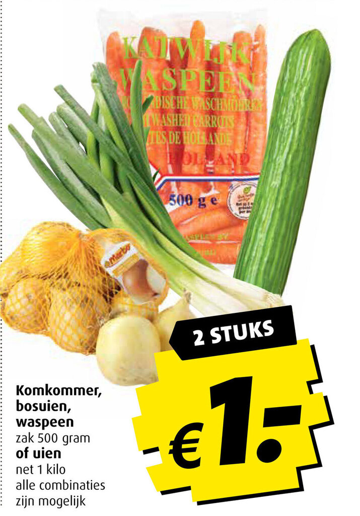 Komkommer, bosuien waspeen 500g of uien aanbieding bij Boni