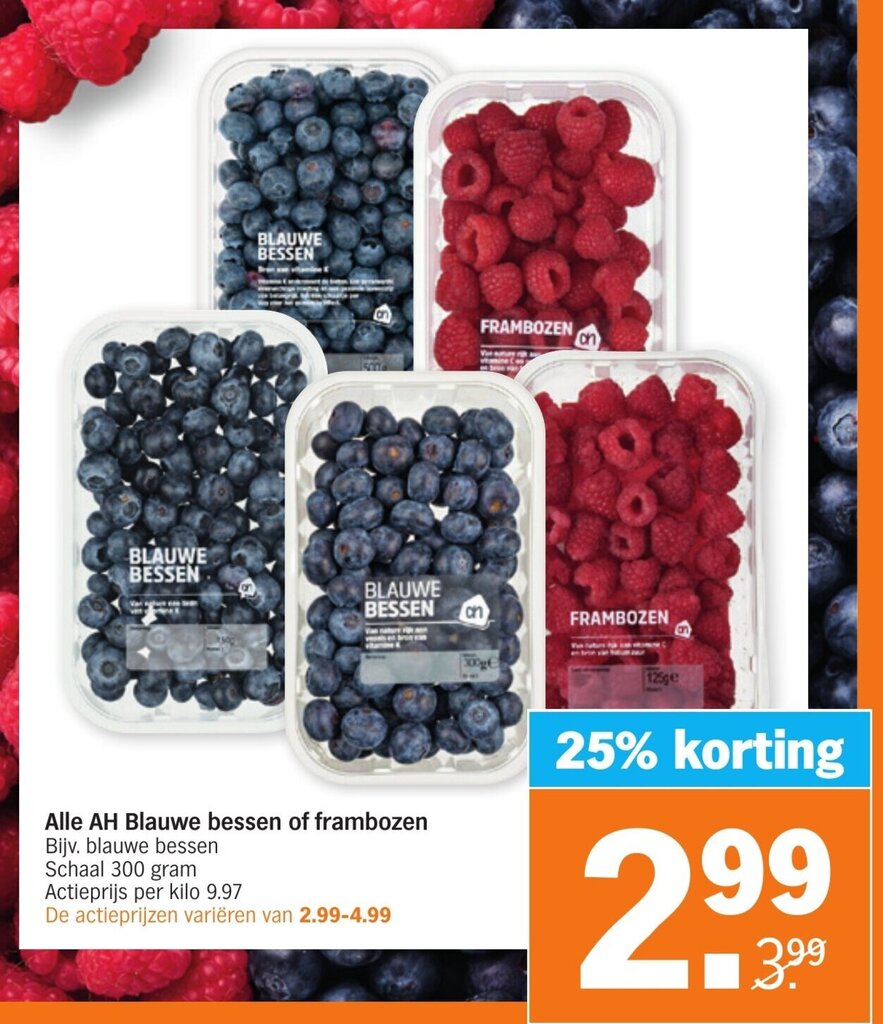 Alle Ah blauwe bessen of frambozen 300 gram aanbieding bij Albert Heijn