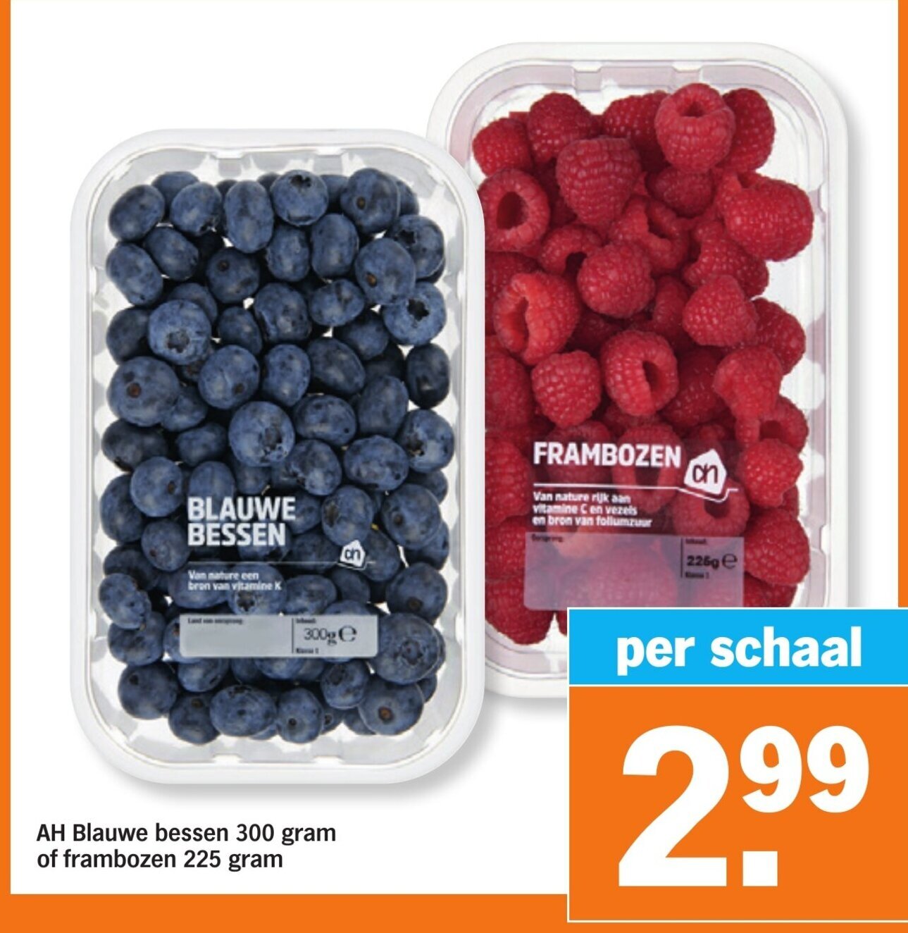 Blauwe bessen 300g of frambozen 225g aanbieding bij Albert Heijn