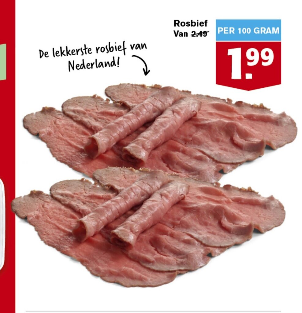 Rosbief per 100 gram aanbieding bij Hoogvliet