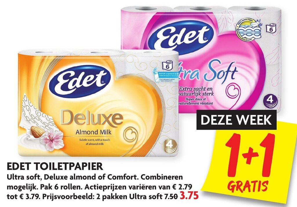 Edet toiletpapier Deluxe of Ultra Sort aanbieding bij Dekamarkt