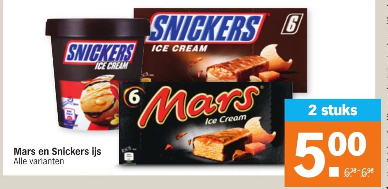 Mars en snickers ijs 2 stuks aanbieding bij Albert Heijn