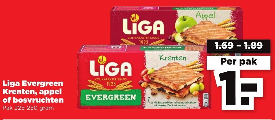 Liga Evergreen Krenten, appel of bosvruchten 225-250g aanbieding bij PLUS