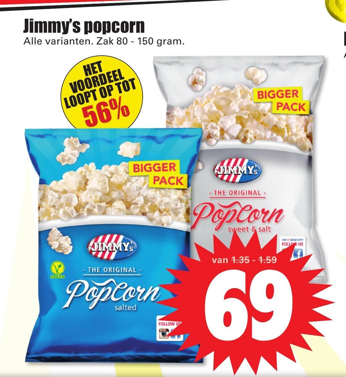 Jimmy's popcorn alle varianten zak 80-150 gram aanbieding bij Dirk
