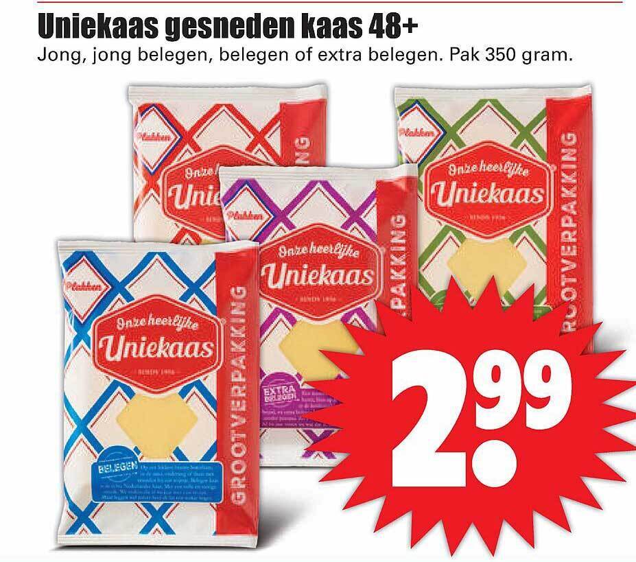 Uniekaas gensneden kaas 48+ 350 gram aanbieding bij Dirk