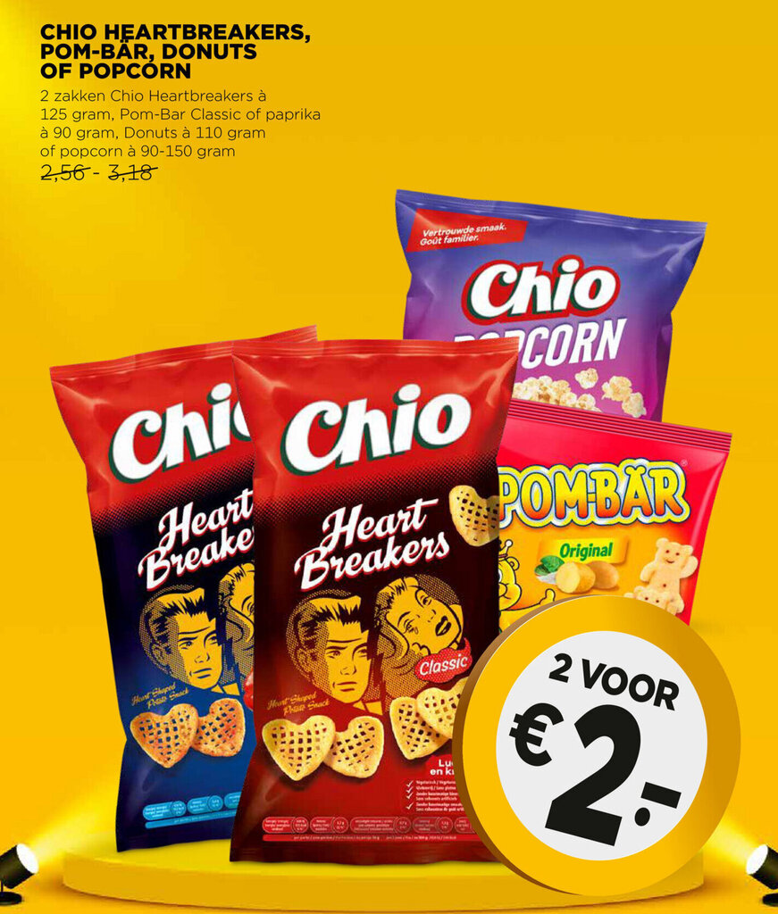Chio Heartbreakers, Pom-Bar, Donuts Of Popcorn 90-150 gram aanbieding ...
