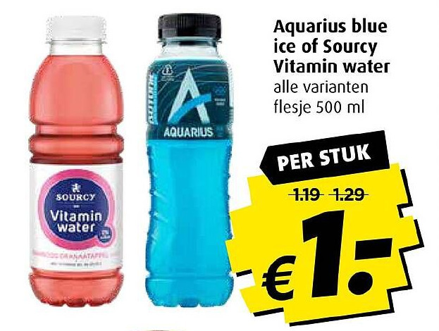 Aquarius blue ice of Sourcy Vitamin water US 500ml aanbieding bij Boni