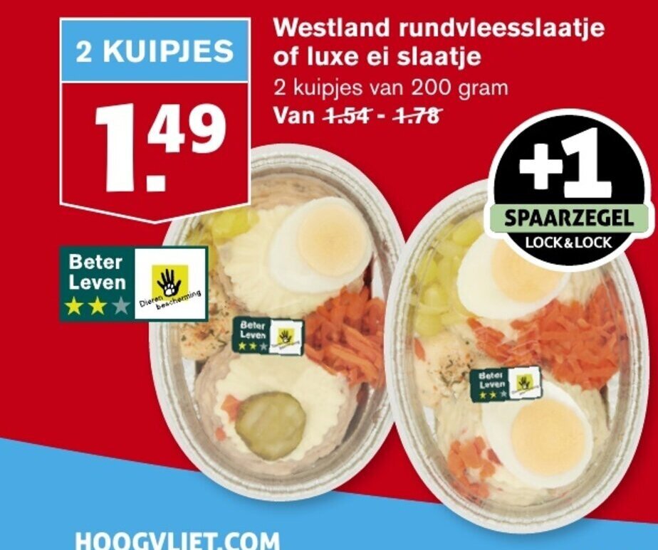 Westland rundvleesslaatje of luxe ei slaatje 200g aanbieding bij Hoogvliet