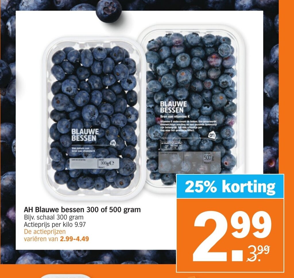 Blauwe bessen 300 of 500f aanbieding bij Albert Heijn