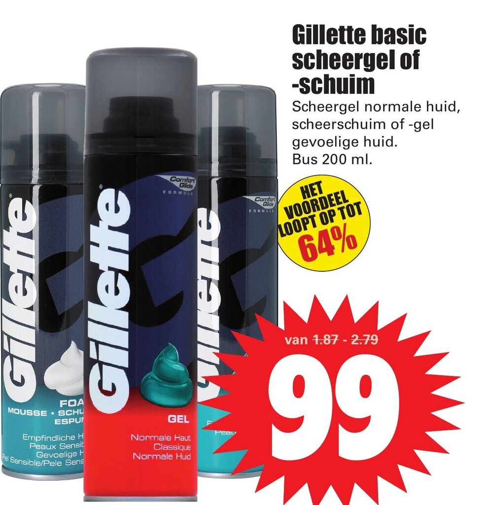 Gillete basic scheergel of -schuim aanbieding bij Dirk