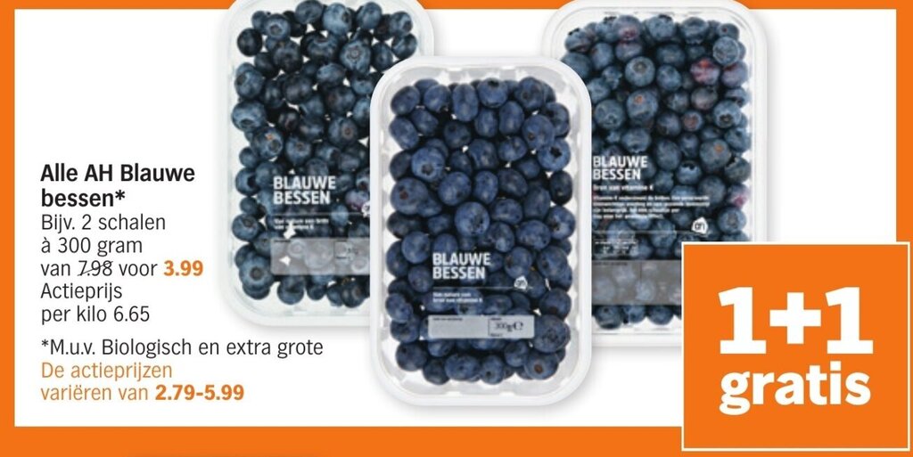 Alle AH blauwe bessen 300g 1+1 gratis aanbieding bij Albert Heijn