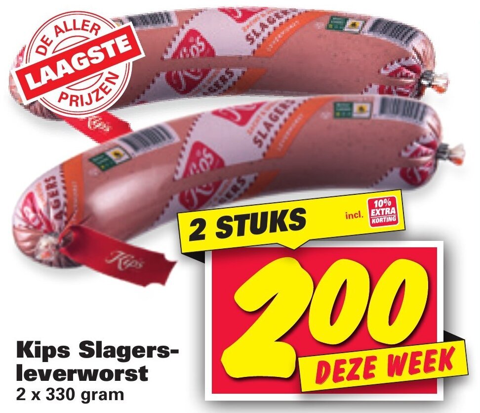 Kips Slagers leverworst 2*330g aanbieding bij Nettorama