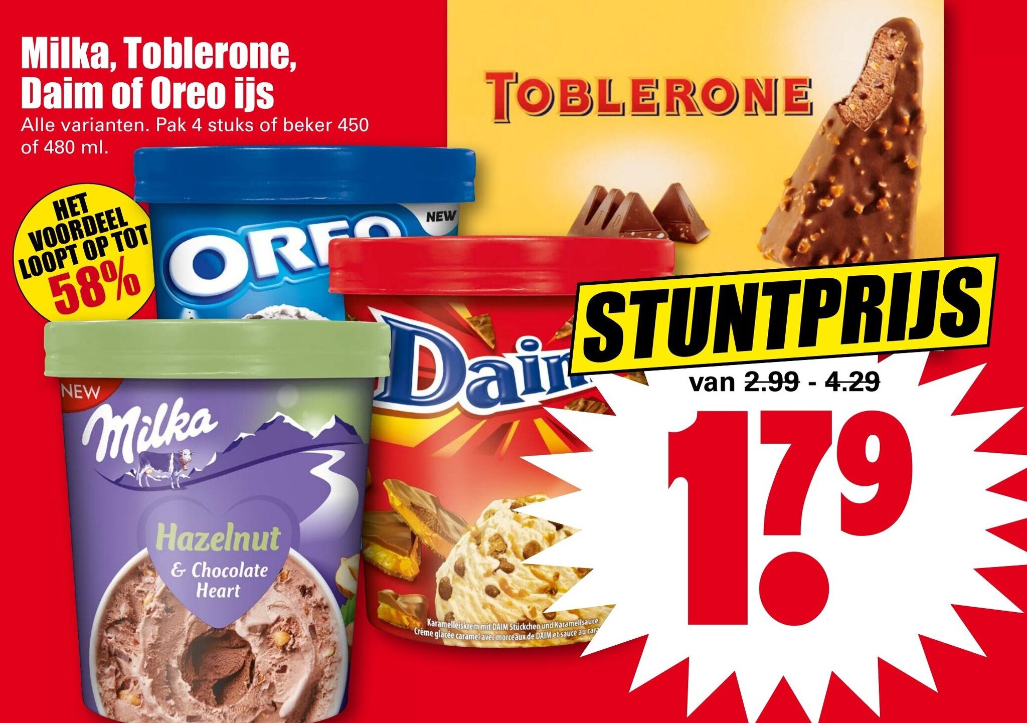 Milka, toblerone, daim of oreo ijs 450ml aanbieding bij Dirk
